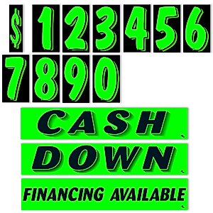 VERSA-TAGS 7.5" Black/Green Vinyl Number Decals 11 Dozen Set Windshield Pricing & 1 Pack of Each of Cash, Down, Financing Available 14.5" x 2.75" Sticker Windshield Decal Auto Dealership