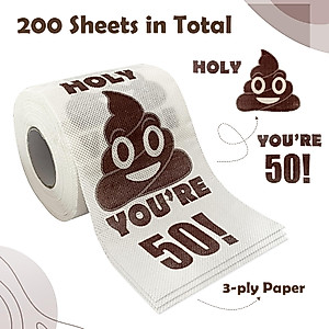 Happy 50th Birthday Gifts, 3-Ply Funny Toilet Paper Roll, Holy Poop You're 50 Printed Toilet Paper Gag Gift, Pranks & Surprises Bathroom Decor for Boys Son and Girls, Cheers to 50 Bday Party Supplies