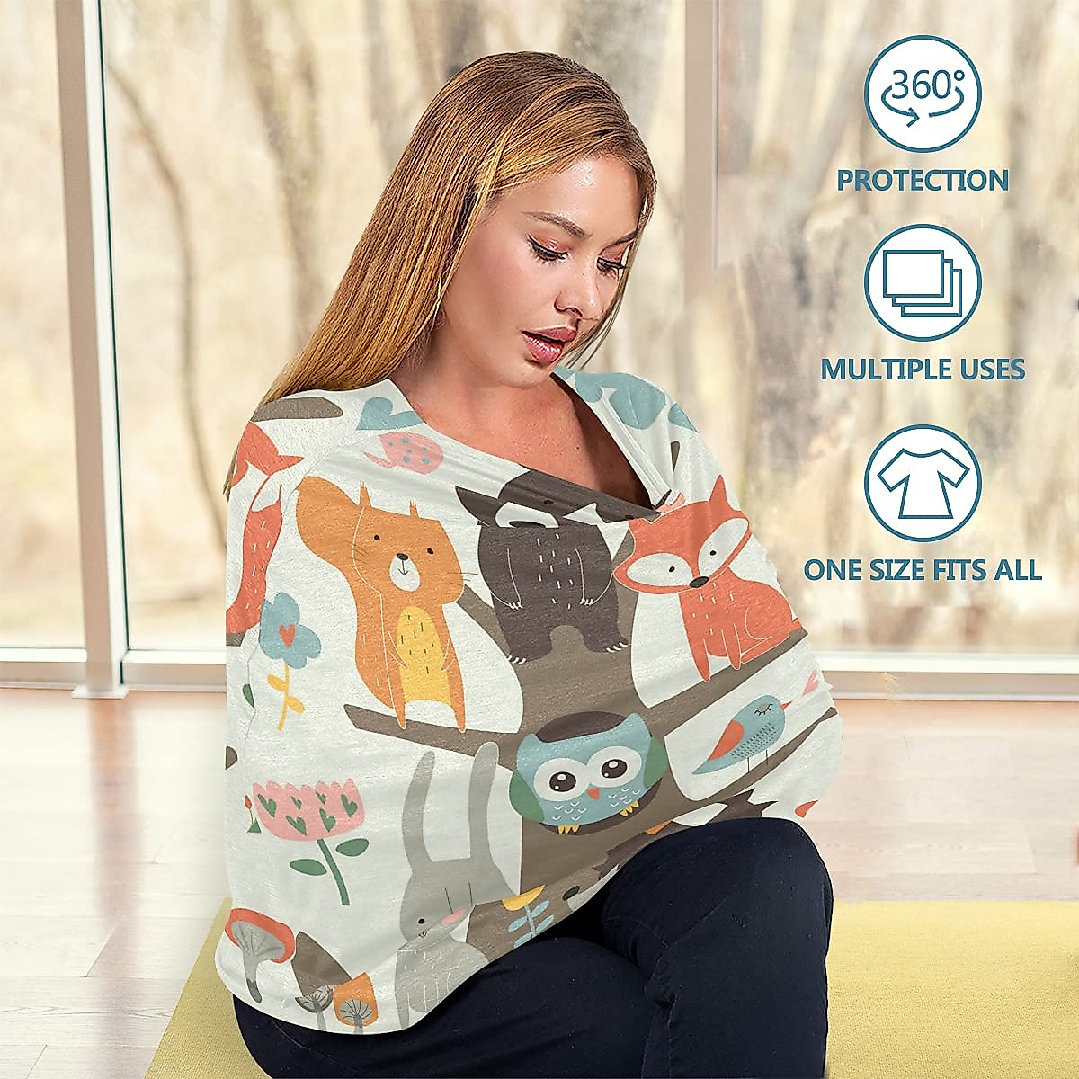 Animal Fox Bear Owl Nursing Cover Breastfeeding Scarf, Stretchy Infant Carseat Canopy Multi-use Stroller Cover Car Seat Cover for Baby Girl Boy