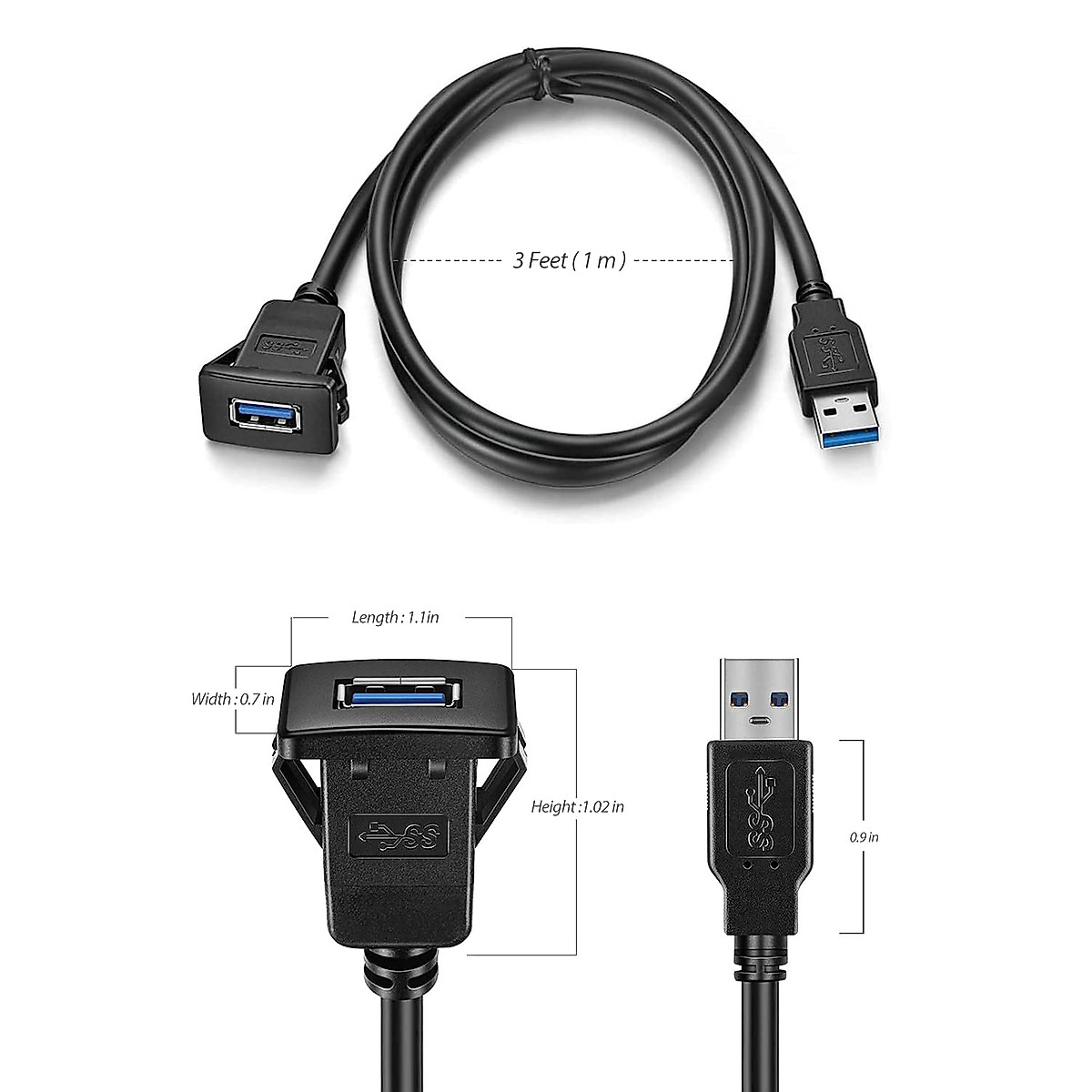URWOOW USB3.0 Square Flush Mount - 1M 3ft USB 3.0 Extension Mount, Dash Mount, Flush Mount, Panel Mount Cable, for Car, Boat, Motorcycle (3 feet)