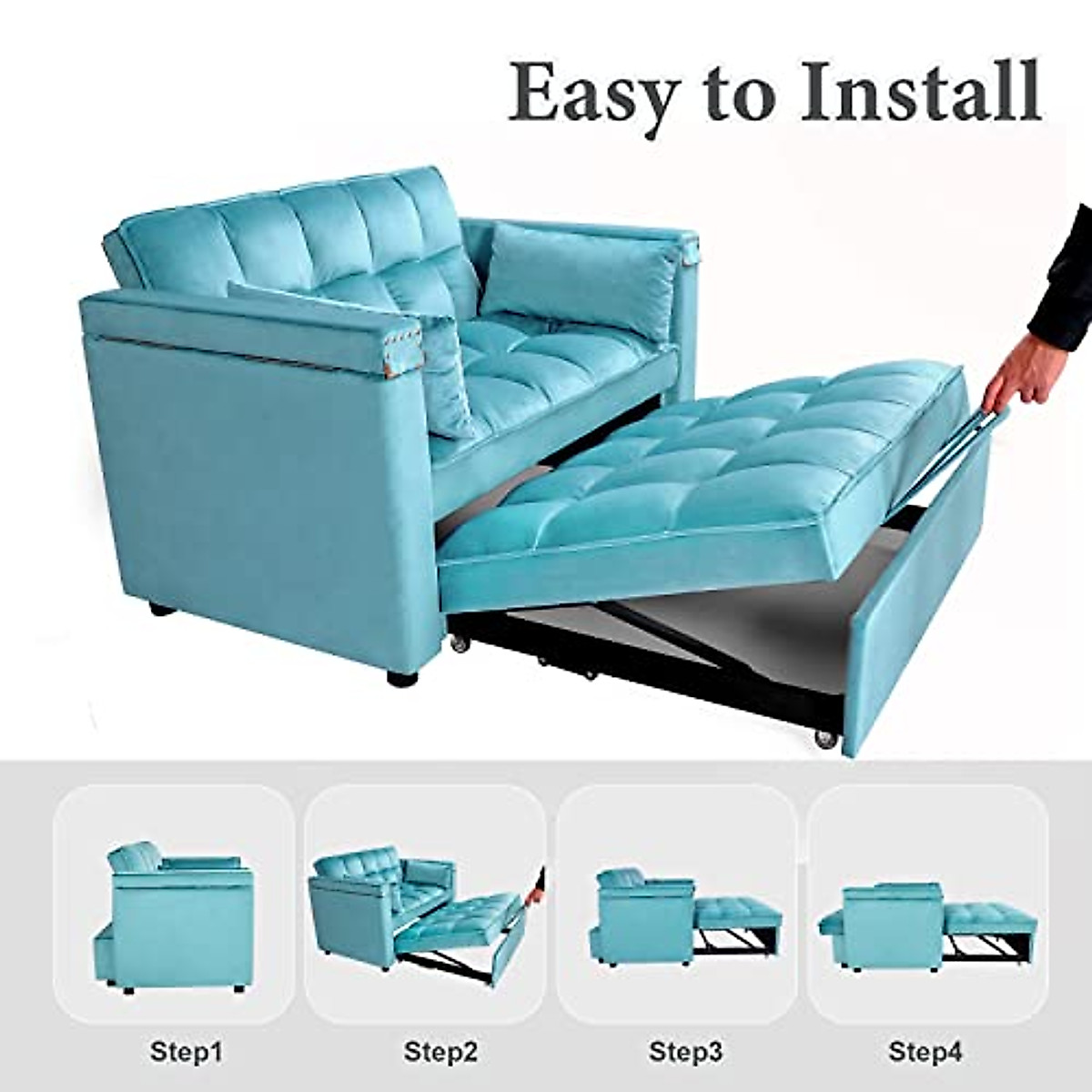 ORRD Convertible Sofa Bed, 3-in-1 Multi-Functional Velvet Sleeper Couch Pull-Out Bed, 48'' Bed Chaise Lounge with Adjustable Backrest and Pillows, Hidden Side Table for Living Room, Small Space