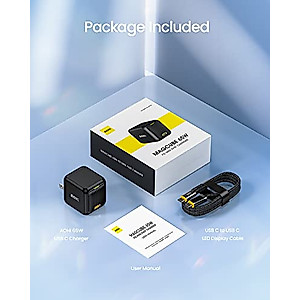 AOHI 65W PD USB C Charger, GaN+ Magcube Mini Fast Wall Charger Power Adapter with 4ft USB C to USB C LED Display Cable for Notebook MacBook Pro/Air, Galaxy S22/S21, iPhone 14/Plus/Pro Max/13/12, Black