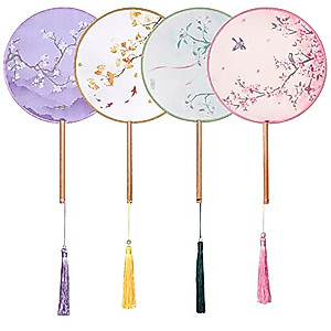 BAOZOON 4PCS Silky Translucent Antique Round Fan Classic Group Fan Floral Pattern Dance Fan Hanfu Women's Tassel Wooden Handle Palace Fan Wedding Favor Gift Home Decor