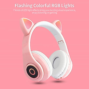 Docooler Cat Ear Headphones, Gaming Headphone with Microphone, Stereo Hi-Fi Soun, Foldable Comfortable, Adjustable Wireless/Wire Over Ear Headset for Girls, Teenagers, Adults, Gaming - Pink