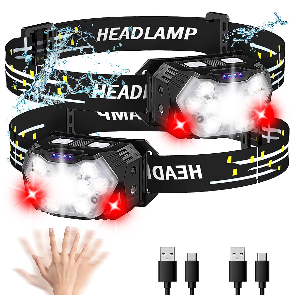 PLUSINTO 9 LED Headlamp Rechargeable 2 Pack, 2000 Lumens Super Bright Head Lamp with Red Light, 10 Modes, Motion Sensor and Adjustable, IPX5 Waterproof Headlight for Camping Hiking Running