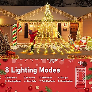 XURISEN Outdoor Christmas Decorations Star Light,11.8 ft 337 LED Waterfall Tree Lights with Topper Star String Lights Plug in, 8 Modes Christmas Lights for Party Home Holiday Decor(Warm White)