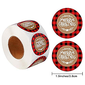 Ruisita 600 Pieces Merry Christmas Stickers Buffalo Plaid Self Adhesive Seals Labels Holiday Seals Stickers for Christmas Favor Gift Cards Envelopes Seals