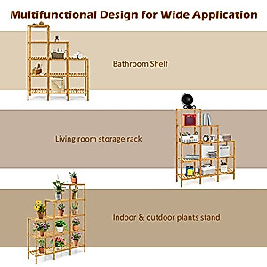COSTWAY Bamboo Shelf Bathroom, Multifunctional 5-Tier Bamboo Plant Stand, Storage Organizer Rack, Plant Display Stand with Several Storage Cabinet