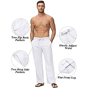 Boisouey Mens Linen Loose Pant Lightweight Elastic Waist Trouser Yoga Beach Pant White L