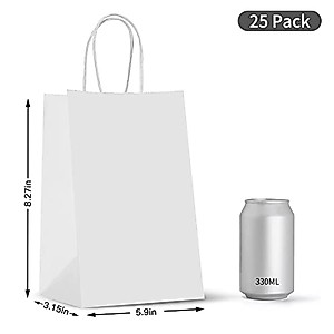 CABEST 25 Pcs White Kraft Paper Gift Bags with Handles, 5.9X3.15X8.27 inch Small Party Favor Gift Bags Bulk, Valentine's Day Small White Paper Gift Bags