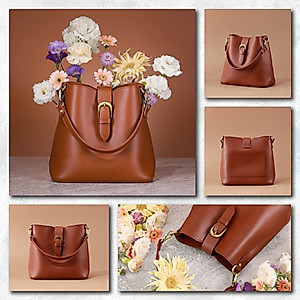Town Bucket Vegan Leather Bag For Women (Light Brown Camel) Hobo Retro Faux Casual Purse Classic Vintage Simple Shoulder Handbag