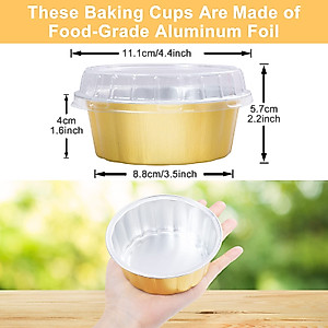 Disposable Ramekins,HEYYUMI 50pcs 8oz Aluminum Foil Baking Cups with Lids,Foil Cupcake Liners,Dessert Cups Flans,Creme Brulee Ramekins Cheesecake Containers,Disposable Muffin Tins Pans(Golden)