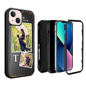 Custom Photo Case for iPhone 13 Apple Phone Lightspot 2 Images Pattern - Personalize Picture Text Name on 3 Hybrid PC TPU in 1 Sturdy Tough Edge Smartphone Cover for iP13 Thirteen Black 6.1"