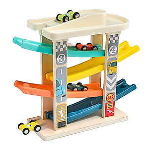 TOP Bright Toddler Wooden Race Track Car Ramp Toys for 1 2 Year Old Baby Motor Skills Race Tracks Car Ramp Vehicle Playsets with 4 Mini Cars and 1 Car Garage