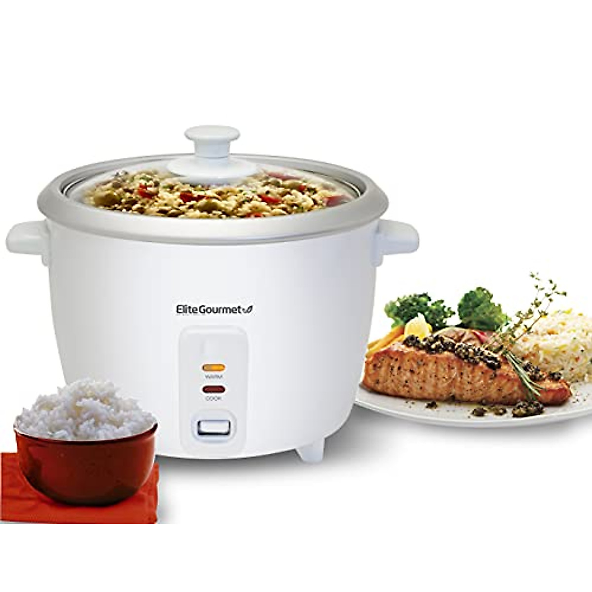 Elite Gourmet Elite Cuisine ERC-003# Electric Rice Cooker with Automatic Keep Warm Makes Soups, Stews, Grains, Hot Cereals, White, 6 Cups Cooked (3 Cups Uncooked)