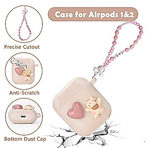 Cute Love Heart Cat AirPod 2nd 1st Generation Case with Pink Pearl Chain Smooth Soft Protective Cover Compatiable with AirPods 1st & 2nd Generation for Women and Girls
