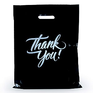 Infinite Pack Black 12"x15"(100pcs) Thank You Merchandise Bags, Die Cut Handles, Retail Shopping Bags for Boutique, Goodie Bags, Gift Bags Bulk, Favors, 1.75 Mil Reusable Plastic Bags