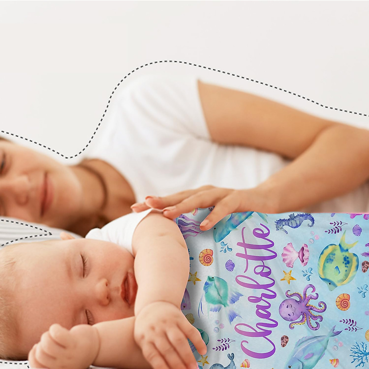 Zocoshi Sea Animals Baby Girl Name Blanket, Personalized Watercolor Turtle Octopus Under The Sea Nursery