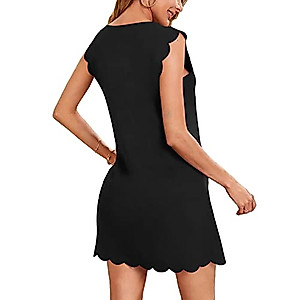 LYANER Women's Notched Neck Scallop Trim Sleeveless A-Line Short Mini Dress Black Medium