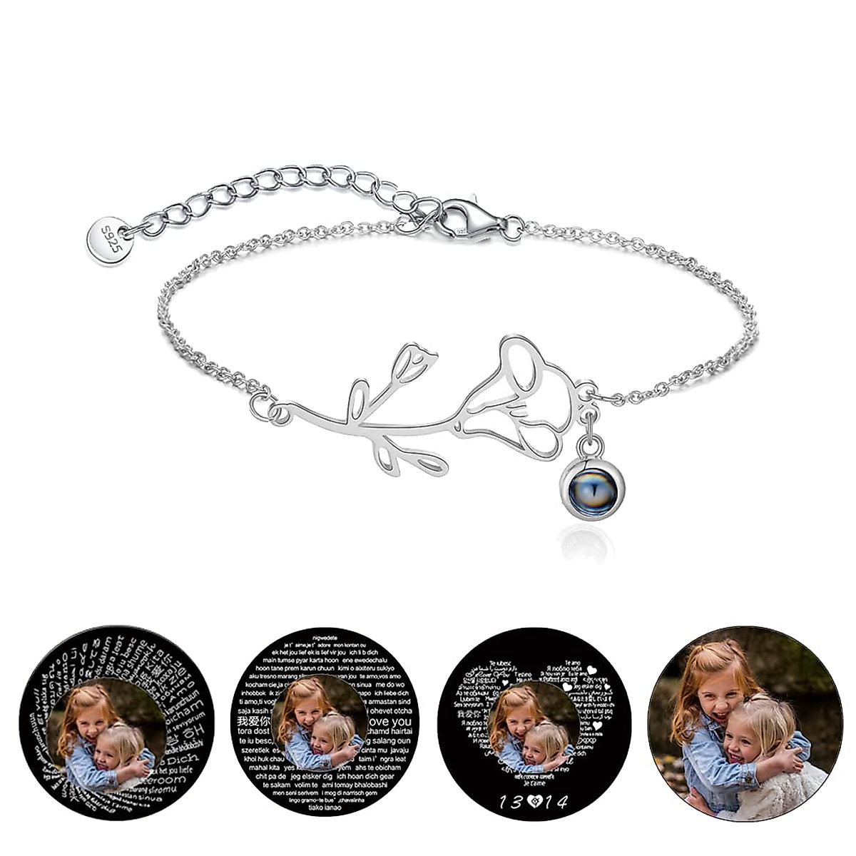SLIACETE Birth Flower Projection Bracelet Personalized Photo 925 Sterling Silver Custom Picture 100 Languages Jewelry Memorial Gifts For Women Wife Mom