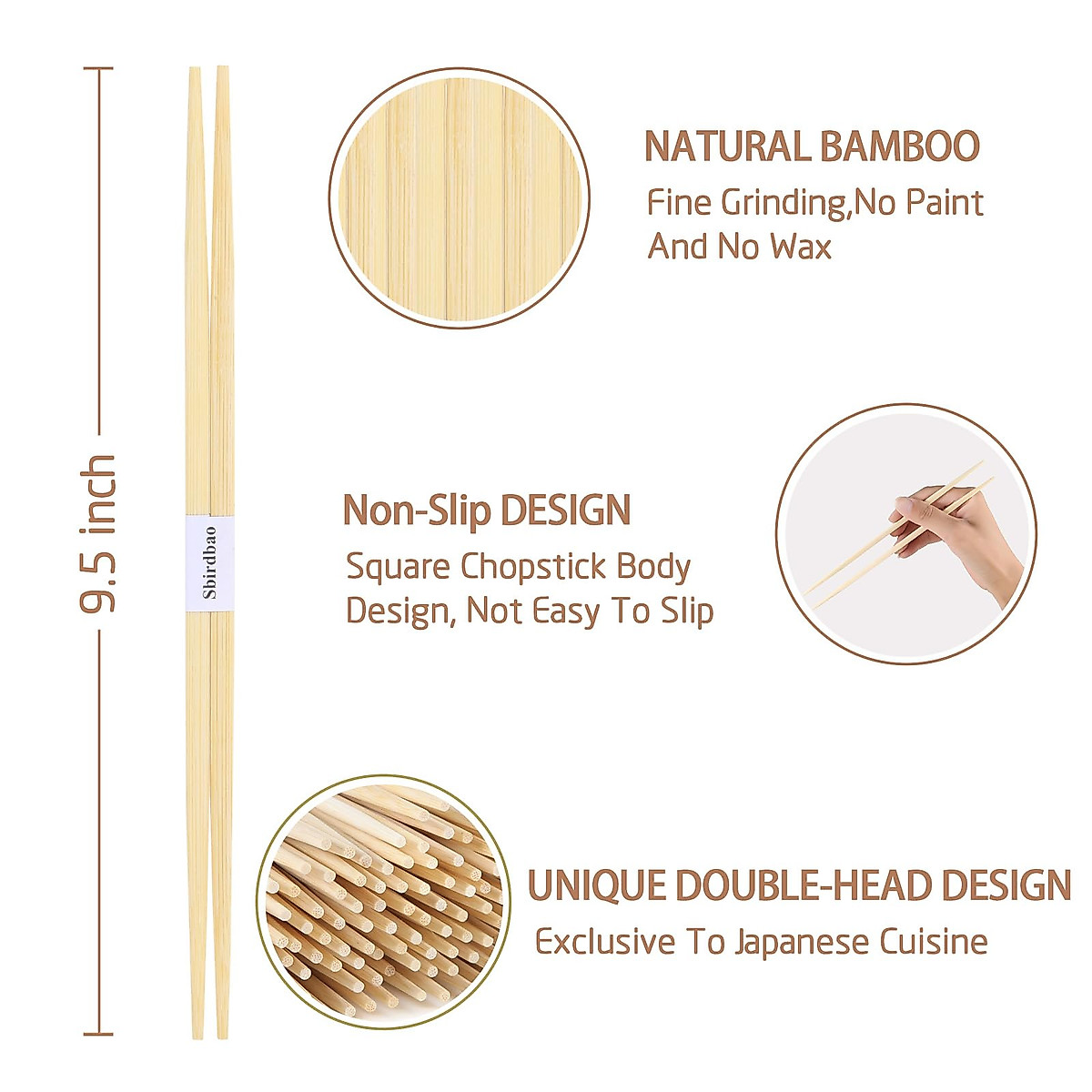 Sbirdbao 100 pairs Disposable Bamboo Chopsticks, 9.5 Inch Japanese Style Double Pointed Separate Chop sticks for Sushi & Asian Dishes