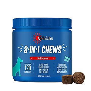 Chinichu Multivitamin Treats for Dogs - Glucosamine Chondroitin for Joint Support + Digestive Enzymes & Probiotics - Grain Free Dog Vitamin for Skin & Coat + Immune Health - Salmon Flavor - 120 Count