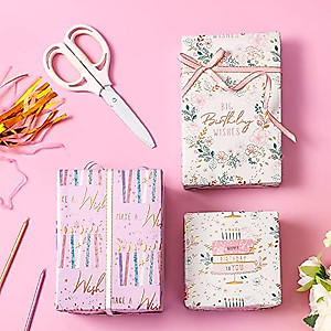 LeZakaa Birthday Wrapping Paper Roll - Mini Roll - Cake/Flower/Candle Print for Girl, Women Gift Wrapping - 17 x 120 inches, 3 Rolls (42.5 sq.ft.ttl.)