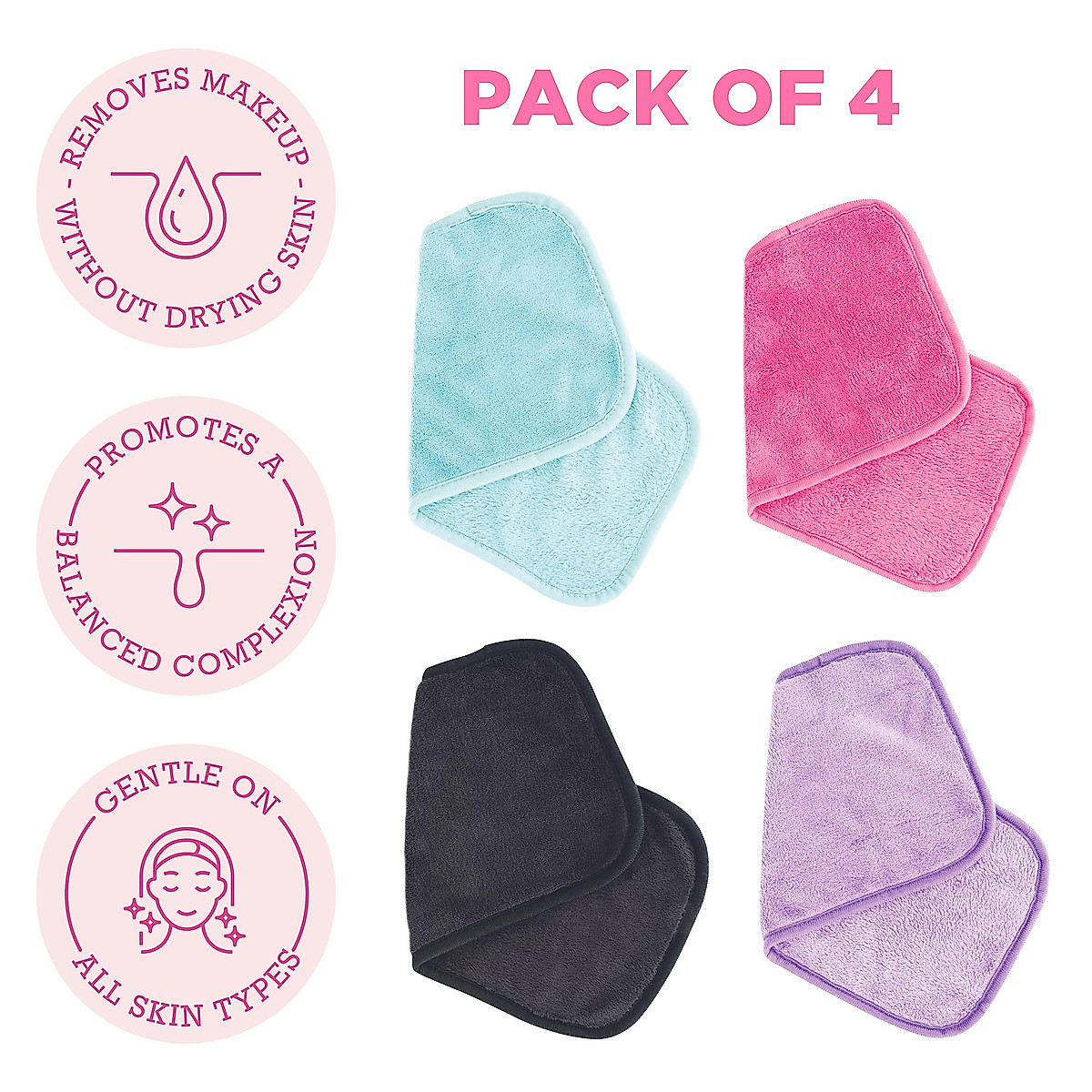 ERASE YOUR FACE Makeup Remover Cloths - Reusable Microfiber Face Towels to Cleanse & Remove Makeup - Water Activated, Dual-Sided Design for Easy Use (4 Count)