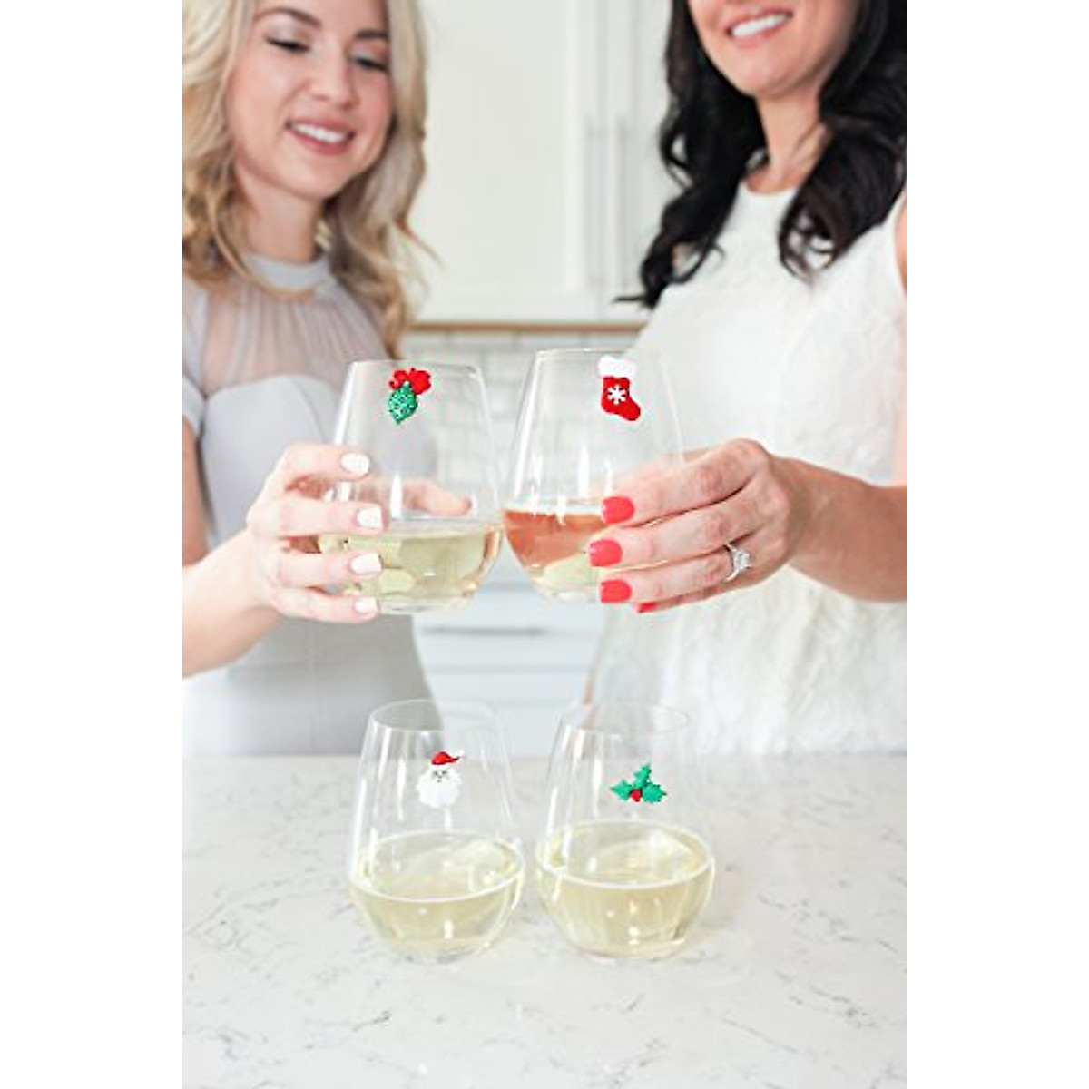 Christmas Holiday Magnetic Wine Glass Charms & Cocktail Markers Set of 12 - Great Christmas Hostess Gift or Stocking Stuffer