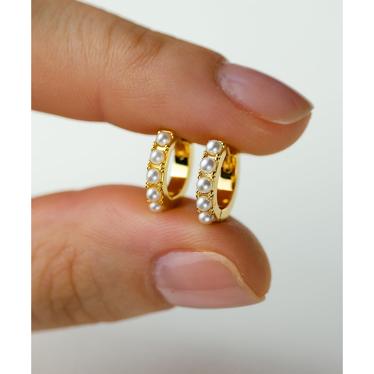 LAVLA Pearl Huggie Earrings | 14k Gold Plated or Silver Small Tiny Pearl Hoop Earrings For Women (Gold Pearl)