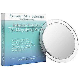 Essential Skin Solutions 15X Magnifying Mirror – Use for Makeup Application - Tweezing – and Blackhead/Blemish Removal – 6 Inch Round Mirror with Three Suction Cups for Easy Mounting