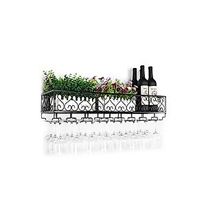 PIBM Stylish Simplicity Wine Rack Metal Wall-Mounted Stylish Simplicity Wine Rack and Glass Bracket Vintage Wrought Iron Display Stand, Home and Kitchen Bar, Black Bronze, 8 Bottles and 24 Cups