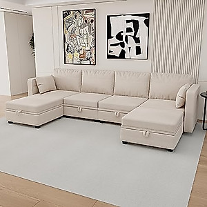 kevinplus 110" Modular Sectional Sofa Couch for Living Room, Modern Contemporary 4-Seat U-Shape Sofa Couch with Storage Seat & Reversible Ottoman for Apartment Office, Linen Fabric, Beige