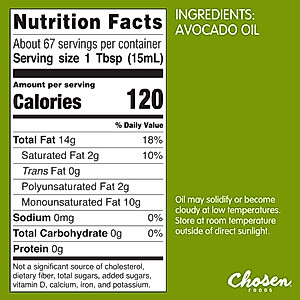 Chosen Foods 100% Pure Avocado Oil, Keto and Paleo Diet Friendly, Kosher Oil for Baking, High-Heat Cooking, Frying, Homemade Sauces, Dressings and Marinades (1 liter, 2 Pack)