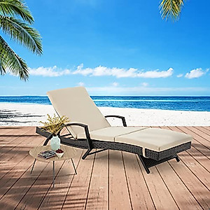 RYNSTO Patio Lounge Chair Rattan Chaise Lounge Chair with Adjustable Backrest Thickened Cushion, PE Rattan Steel Frame Outdoor Reclining Chaise for Patio Backyard Porch Garden Poolside, Khaki