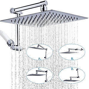 G-Promise Rain Shower Head with 13" Adjustable Extension Arm | High Pressure All Metal Rainfall Showerhead | 10" Luxury Modern Look Square Large Waterfall Showerhead (Chrome)