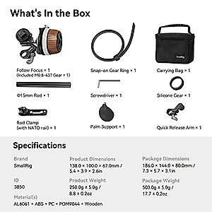 SmallRig F60 Follow Focus for DSLR and Mirrorless Camera Lenses, with Non-Damping Design & Forward/Reverse Switch & A/B Stops, Included Lens Gear, Gear Ring, 15mm Rod & Rod Clamp - 3850