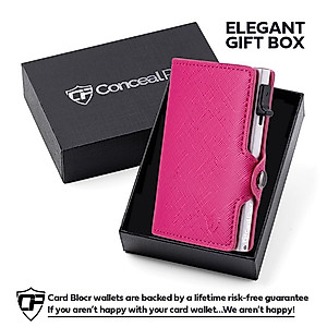 Card Blocr Womens Slim Wallet for Small Purses, Pop Up Wallet with Anti Theft RFID Blocking Credit Card Holder for Women in Pink PU Saffiano