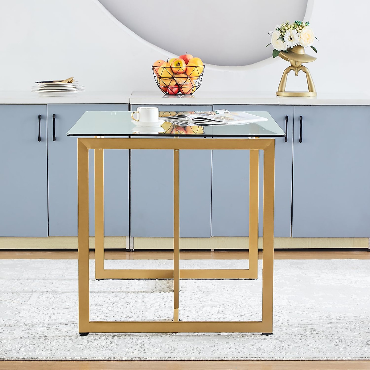 Glass Dining Table for 4 to 6 People, 47.2 Inches Modern Rectangular Dinner Table with Clear Tempered Glass Top & Golden Steel Legs for Home Office Kitchen Dining Room