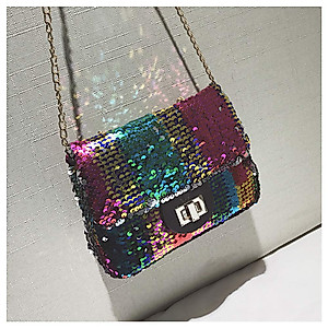 Sequin Crossbody Purse Shoulder Bags Rainbow Stylish Handbag Reversible Pouch with Chains for Girls Womens