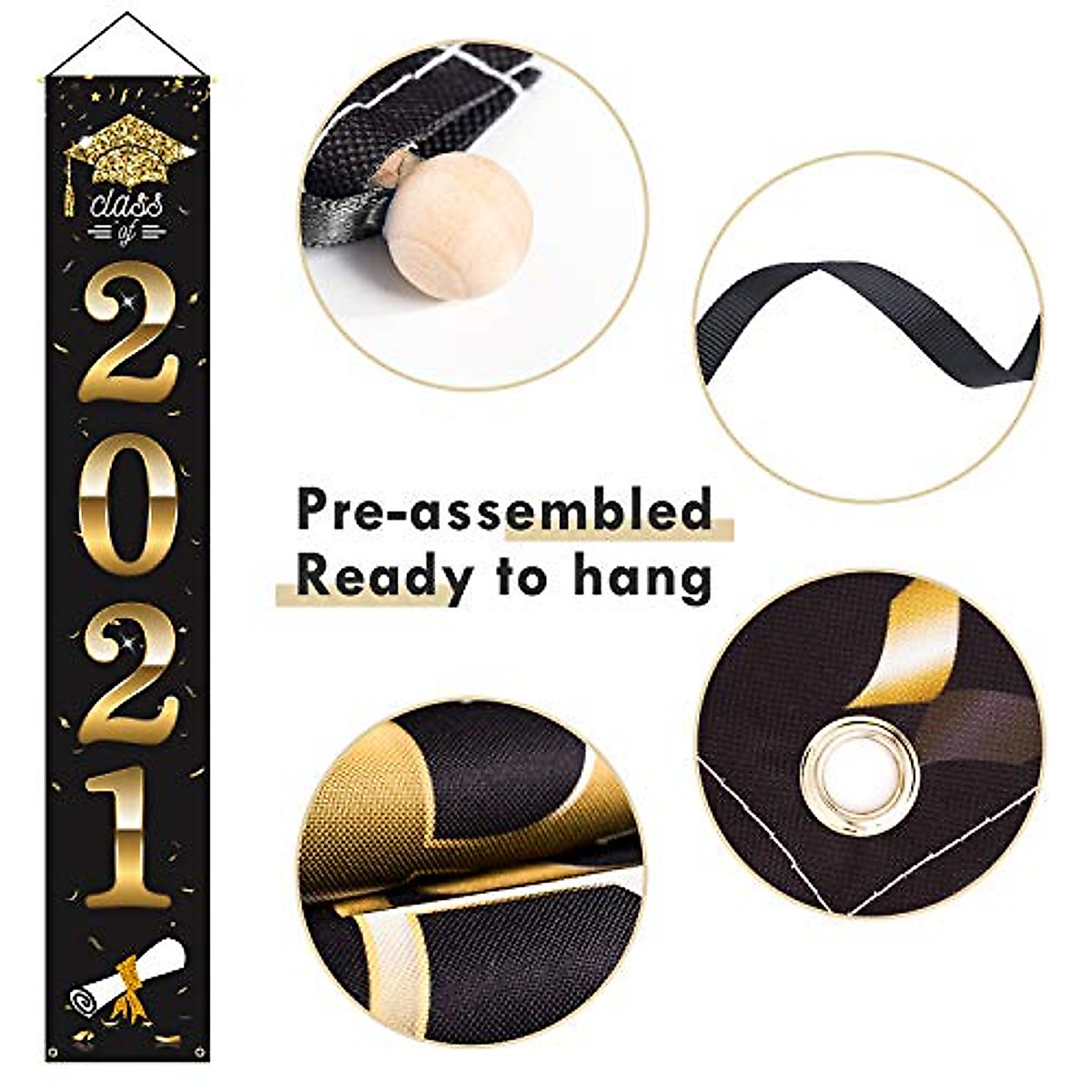 Whaline Graduation Hanging Banner, Graduation Porch Sign Backdrop Congrats Graduation Party Decorations for Home School Wall Door Yard Apartment (Black, Gold and White)