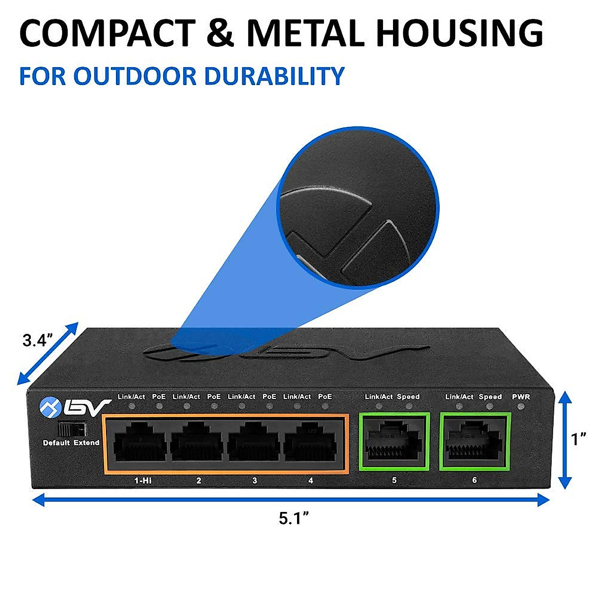 BV-Tech 6 Port PoE+ Switch (4 PoE+ Ports with 2 Ethernet Uplink and Extend Function) – 60W – 802.3at + 1 High Power PoE Port| Desktop Fanless Design | Plug & Play | Sturdy Metal Housing