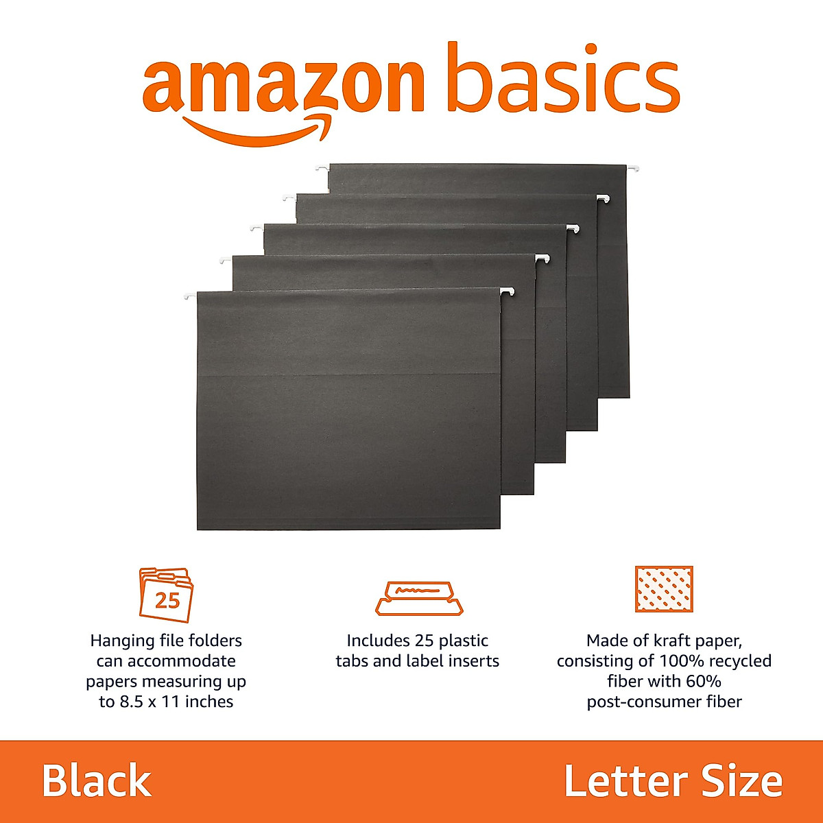 Amazon Basics Hanging File Folders, Letter Size, Black, 25-Pack