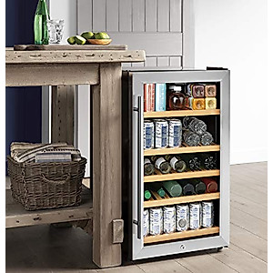 GE Wine Cooler & Beverage Refrigerator | Mini Fridge With Lock & Key Included | Complete With Oak Shelving, Glass Exterior & Warm Interior Lighting | Fits 109 Cans or 31 Wine Bottles | Stainless Steel