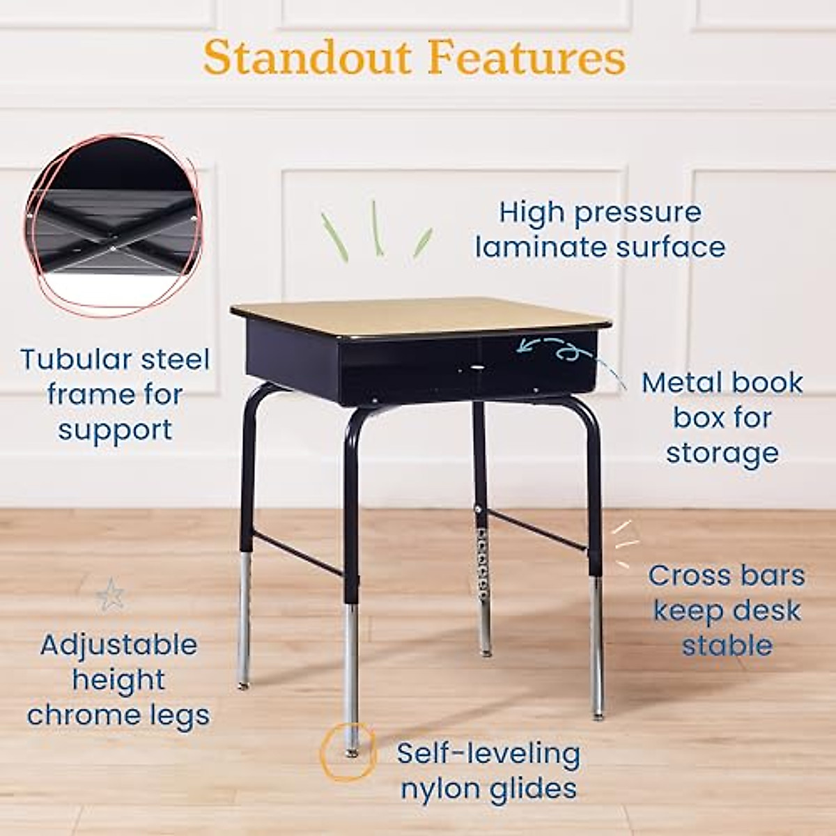 ECR4Kids Open Front Desk with Metal Storage Book Box, Adjustable, Classroom Furniture, Maple/Black