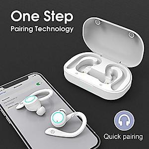 APEKX True Wireless Earphones with Charging Case IPX 7 Waterproof Over Ear Bluetooth Headphones Built-in Mic Deep Bass Headset for Sport Running - White
