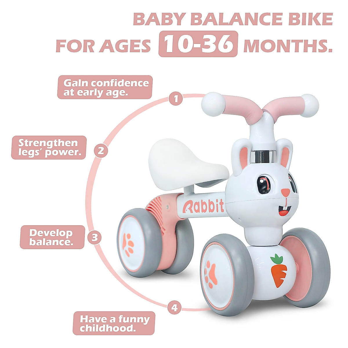 YGJT Baby Balance Bike Toys for 1 Year Old Girls, First Birthday Gifts for 10-36 Months Toddlers Bike, Non-Pedal 4 Silent Wheels Riding Toys, Kids Pre-School First Bike Rabbit