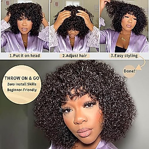 Acantam 150% Density Curly Wig with Bangs Grade 10A Virgin Human Hair Wig for Black Women Curly Human Hair Wig Glueless None Lace Front Wig Natural Black Color(16 Inch)