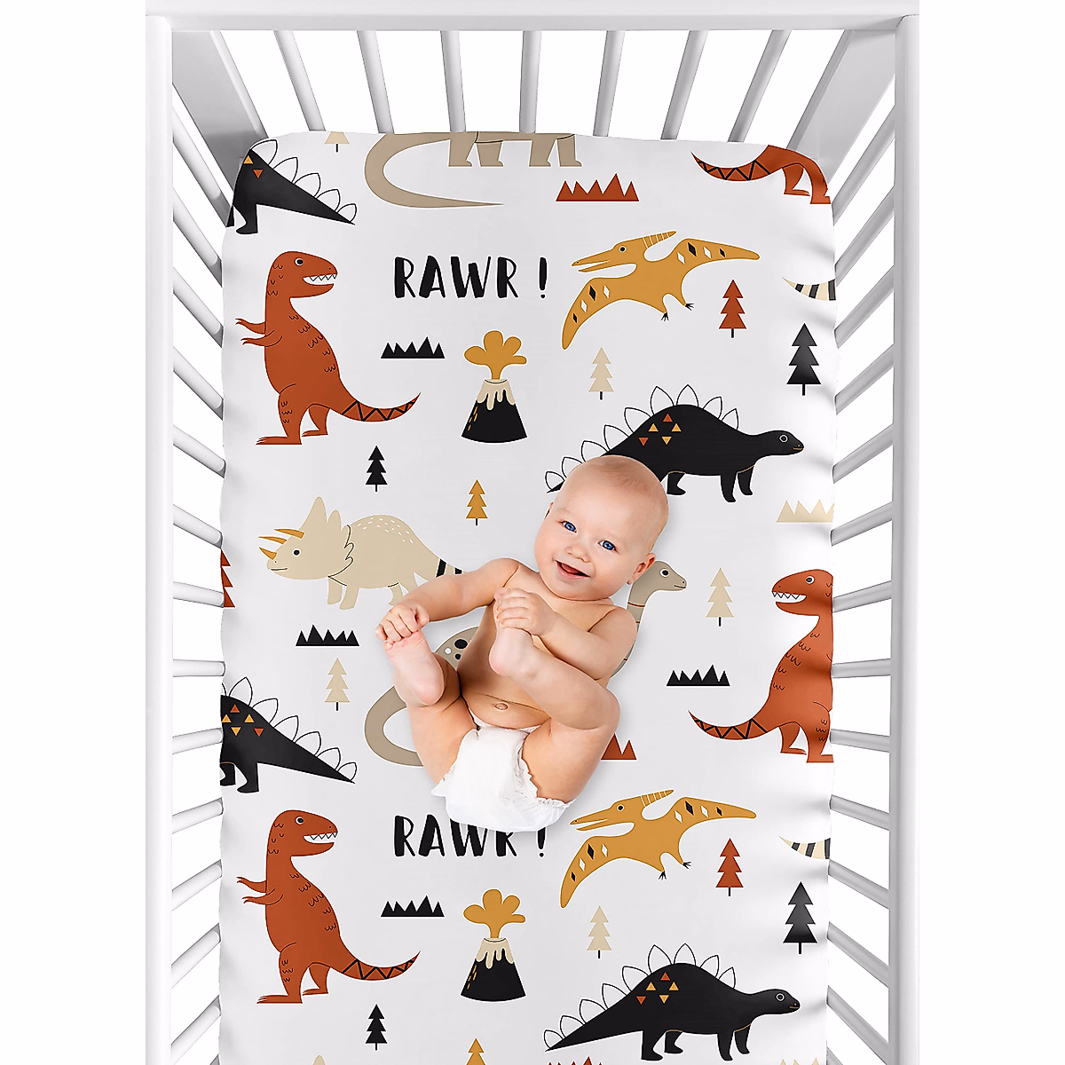 Sweet Jojo Designs Mod Dino Boy or Girl Fitted Crib Sheet Baby or Toddler Bed Nursery - Orange, Tan, Rust, Taupe, Mustard Yellow, Beige, Brown and Black Modern Dinosaur Boho Dinosaurs Gender Neutral
