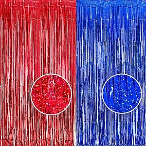 Foil Fringe Curtain Party Decorations - Red Blue Metallic Tinsel Photo Booth Backdrop Party Steamers Curtains for Birthdays Christmas New Years Valentines Bachelorette Parties